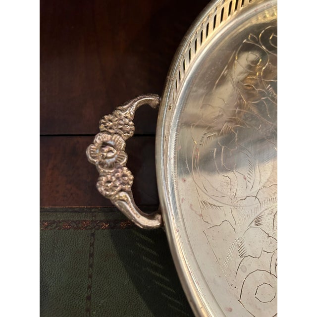 1970’s Engraved Brass Gallery Tray With Floral Handles | Chairish