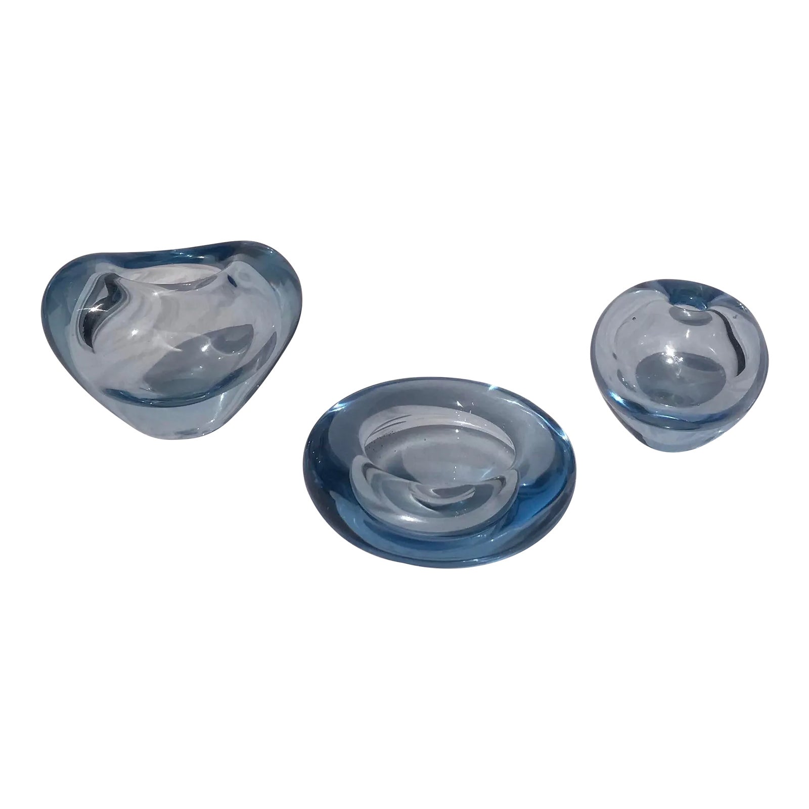 Set of Three Midcentury Blue Crystal Pieces by Holmegaard | Chairish