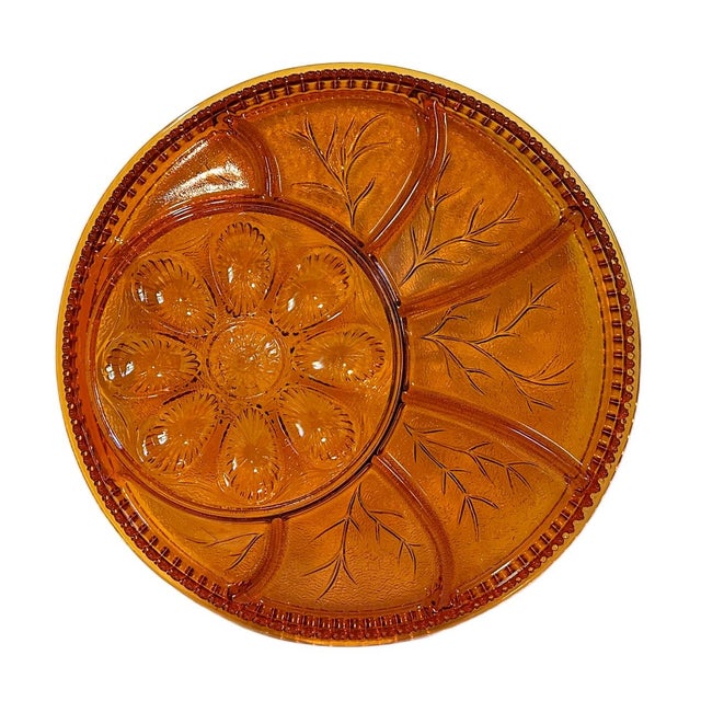 Vintage Mid Century Amber Glass Deviled Egg Relish Tray Dish Platter ...