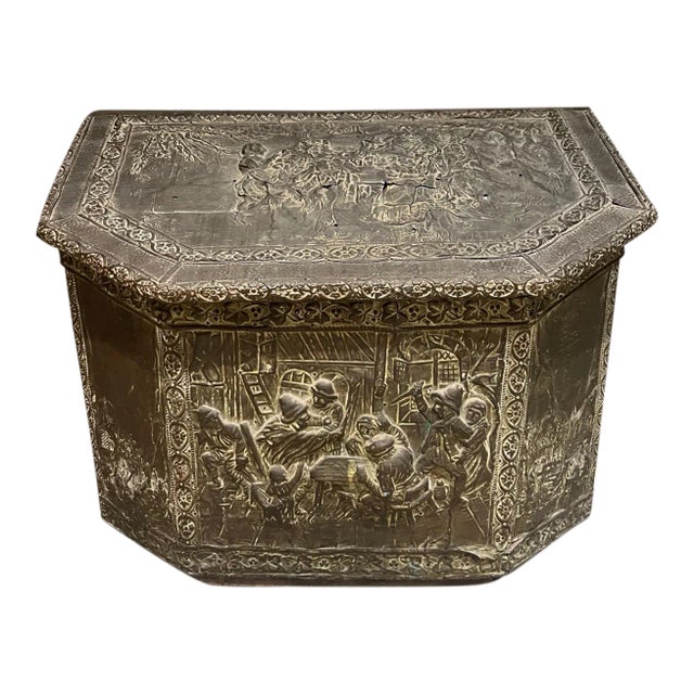 1800s Antique Firewood Coal Wood Repousse Box Brass Panels | Chairish