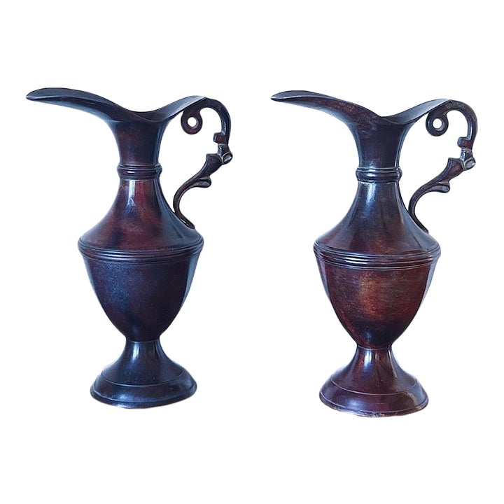Mid-Century Neo-Classical Revival Metal Ewers in Brushed Bronze Finish ...