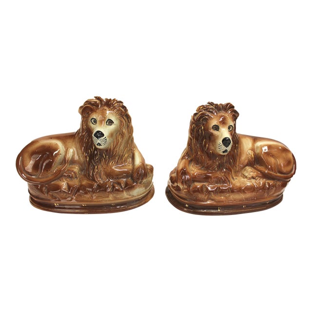 Mid-Late 19th Century Pair of Bo'ness Staffordshire Lions | Chairish
