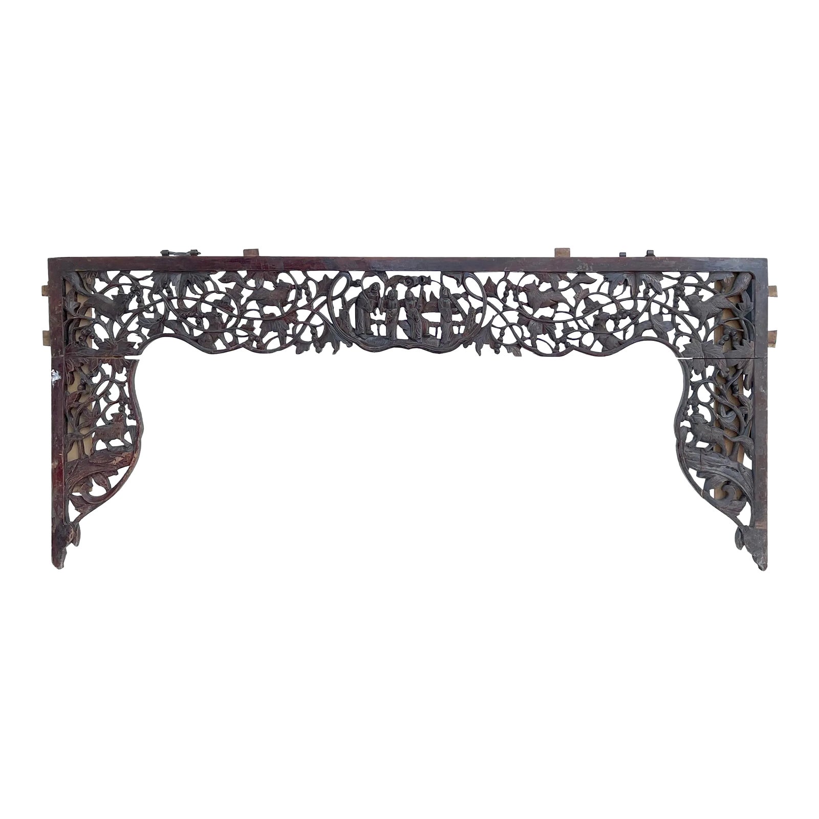 Chinese Vintage Relief Scenery Carving Arch Shape Wood Wall Art | Chairish