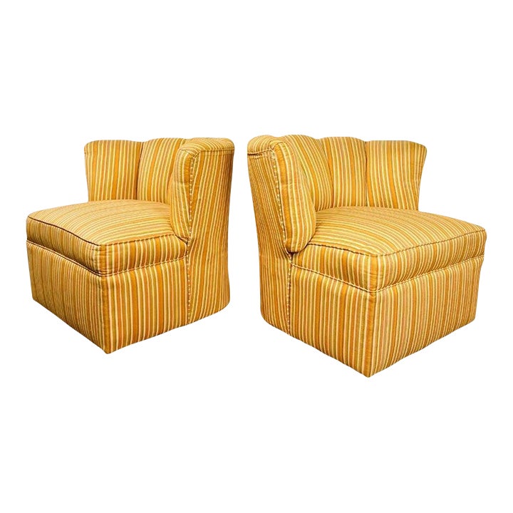 1950s Striped Channel Back Swivel Chairs - A Pair | Chairish