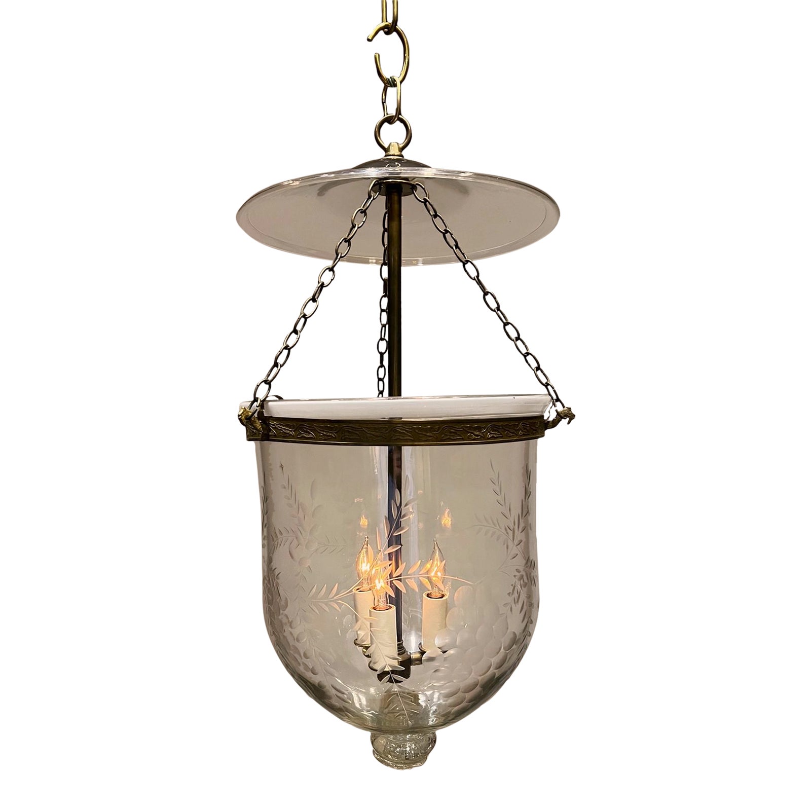 Large Regency Grape Pattern Hand Blown & Etched Bell Jar Lantern | Chairish