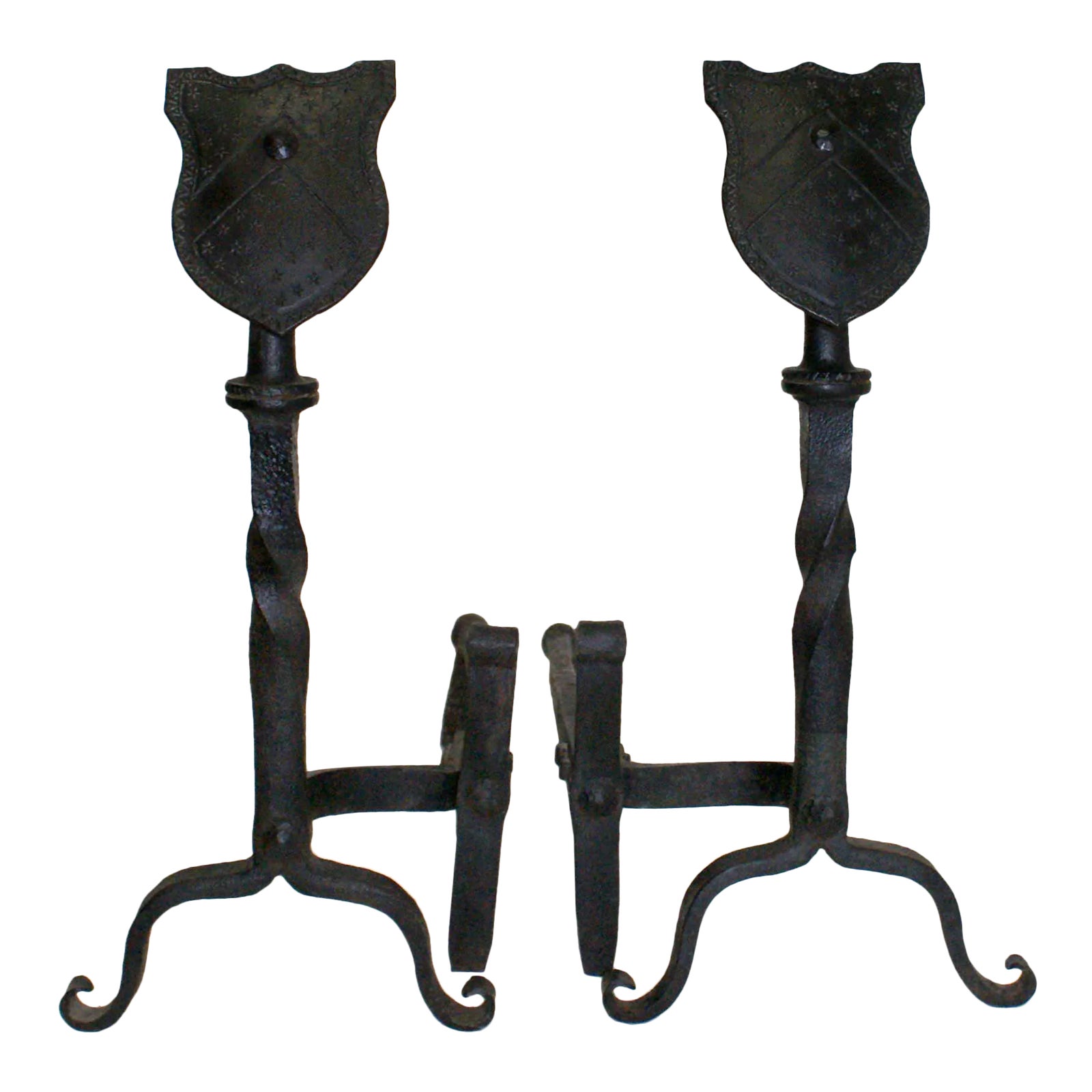 Early 20th Century Wrought Iron Andirons With Shield Form Finials - a ...