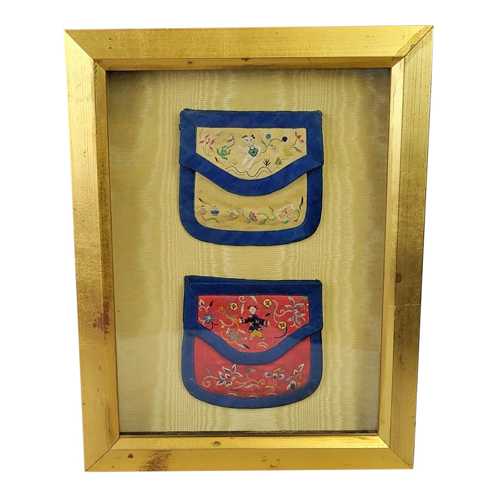 Pair of Qing Dynasty Chinese Embroidered Silk Pouches, Framed Textile ...