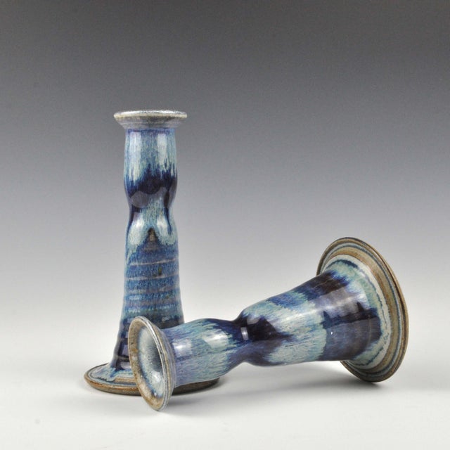 Vintage Handmade Blue American Ceramic Candlesticks- a Pair | Chairish