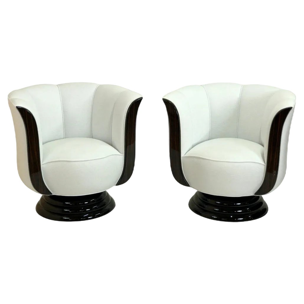 Set of Art Deco Revolving White and Macassar Tulip Shaped Club Chairs ...