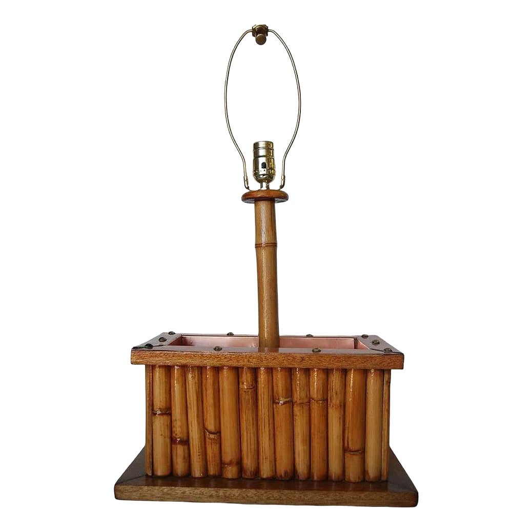 Restored 1950s Rattan & Koa Wood Planter Table Lamp With Large Copper ...