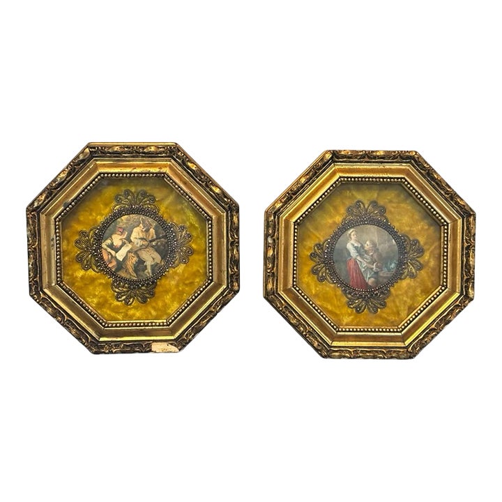 Mid 20th Century Pair • Italian Florentine Octagonal Miniature Plaques ...