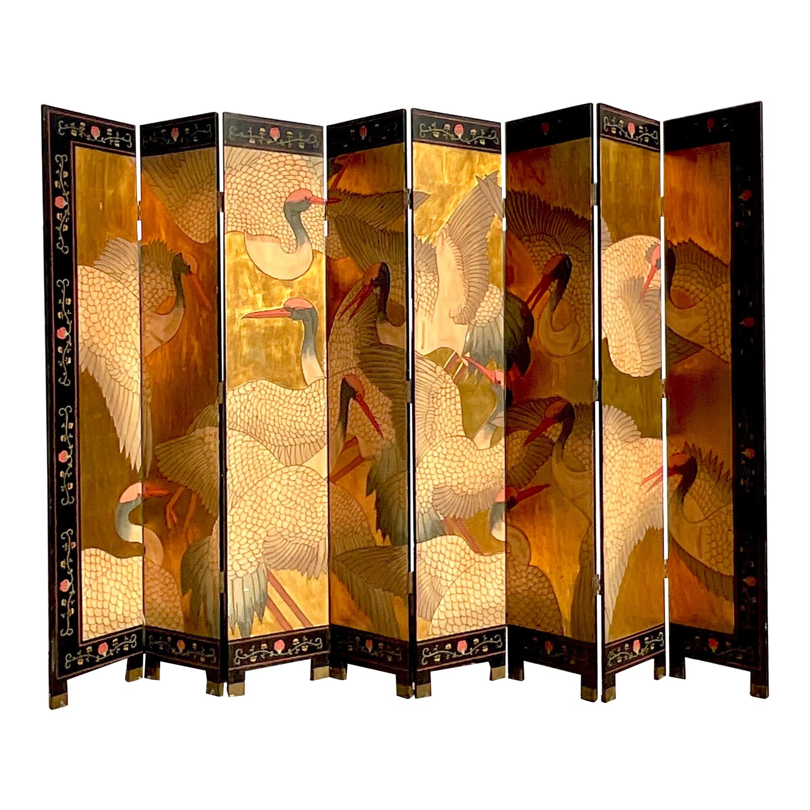 Vintage Late 20th Century Asian Gilt Crane Folding Screen | Chairish