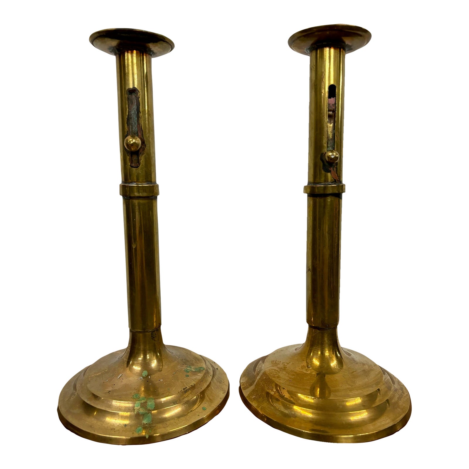 Antique Brass Push Up Candlestick Holders - Pair | Chairish