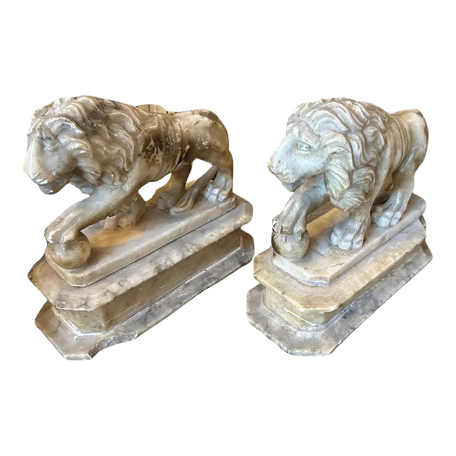 1870s Roman Style Hand-Carved Alabaster Italian Sculptures of Lions ...