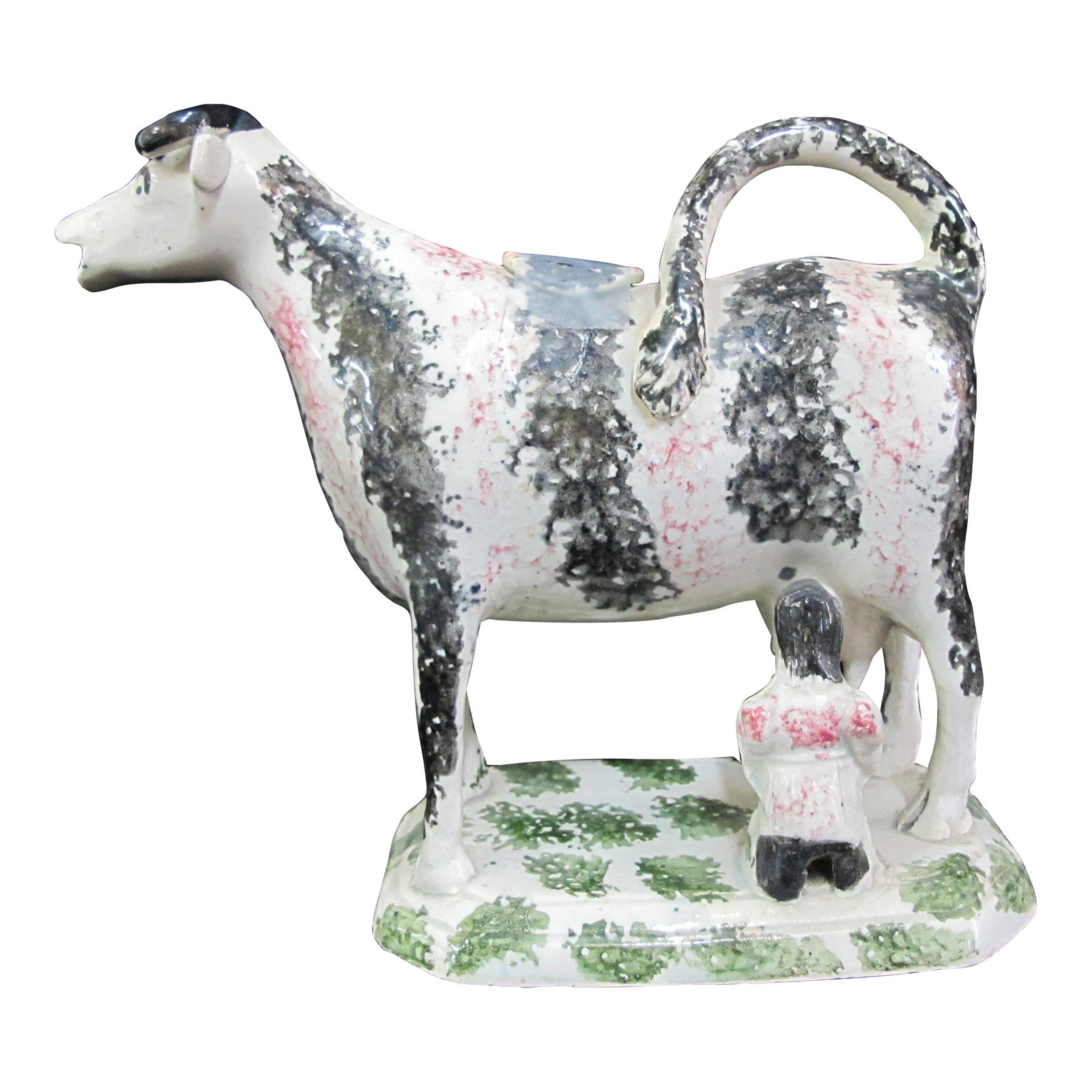 Victorian English Staffordshire Black Pink Sponge Porcelain Cow Creamer ...