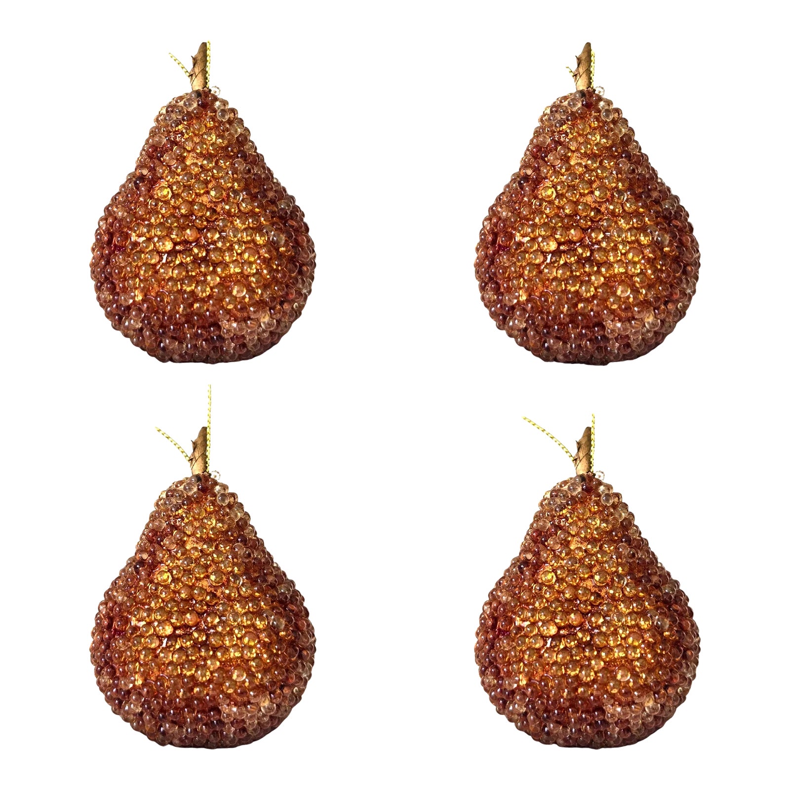 Vintage Golden Beaded Pear Christmas Ornaments - Set of 4 | Chairish
