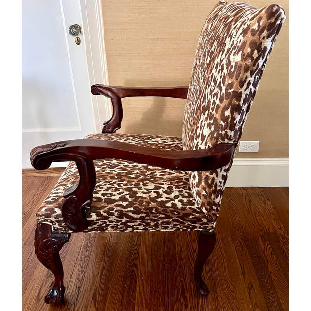 Pair of Carved Mahogany Leopard Print Armchairs New Upholstery | Chairish