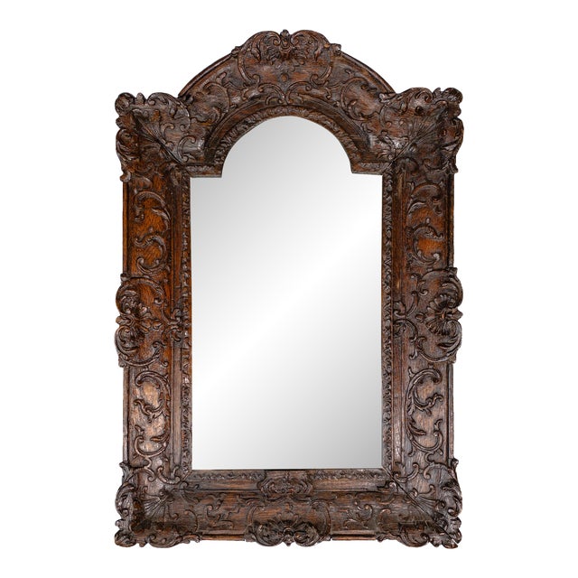 18th Century Foxed Mirror in Carved Wooden Frame | Chairish