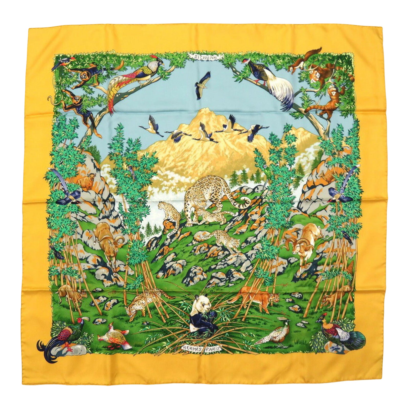 Hermes Carre 90 Sichlian Sicilian Animal Sichuan Silk Yellow Scarf ...