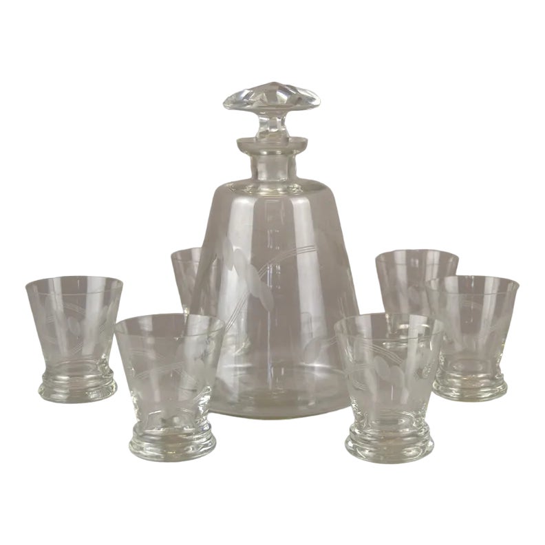 Pre-War Glass Decanter with Glasses, 1930s, Set of 7 | Chairish