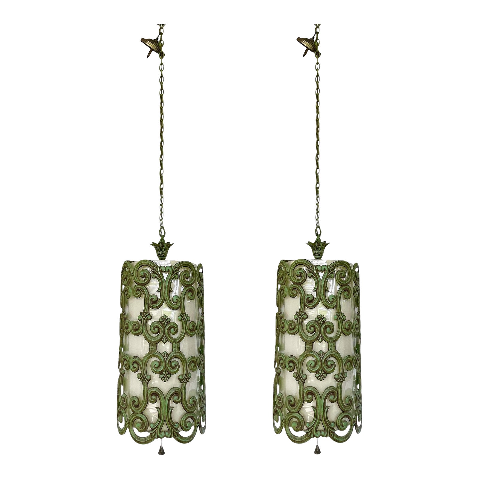 Pair of Large Baroque Design Green Pendants Light From 60's | Chairish