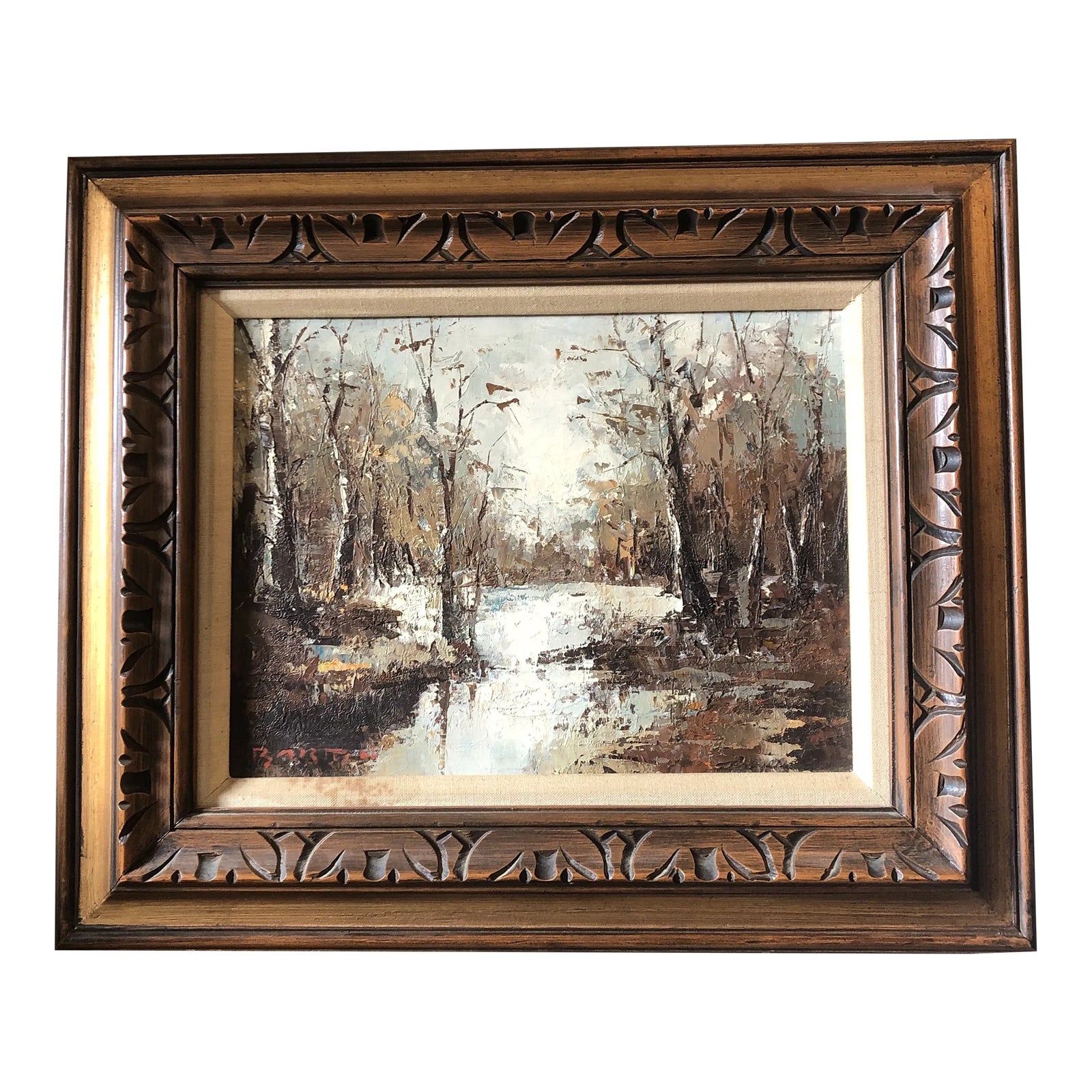 Original Vintage Signed Barton Impressionist Snow Scene Landscape ...