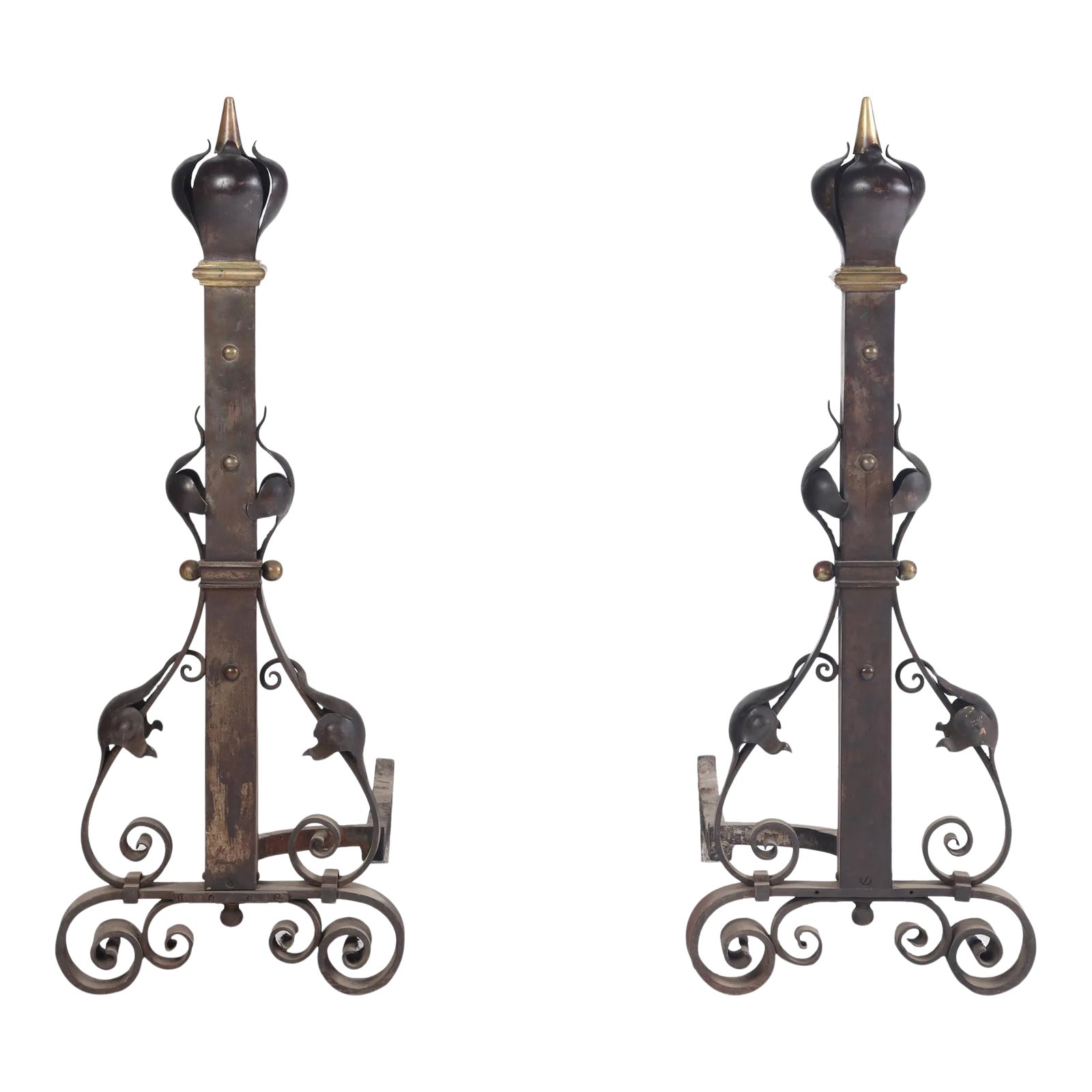 19th Century French Wrought Iron and Bronze Andirons -A Pair | Chairish
