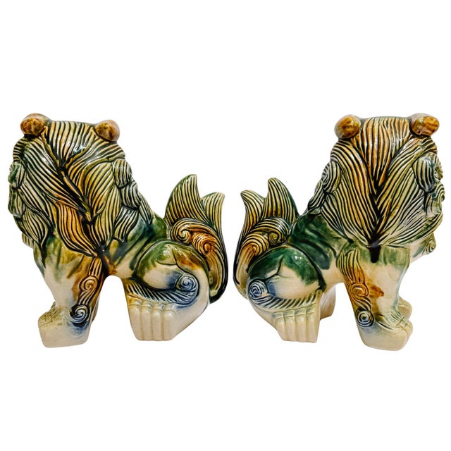 Pair of Mid 20th Century Chinese Green & Blue Glazed Ceramic Foo Dog ...