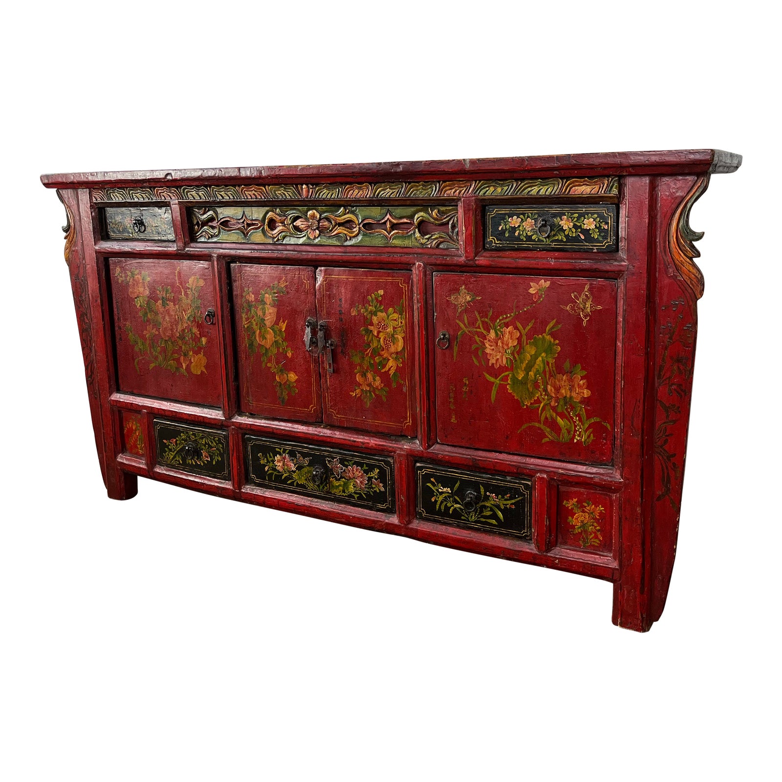 Mongolian Red Lacquered Buffet With Hand Painted Floral Décor | Chairish