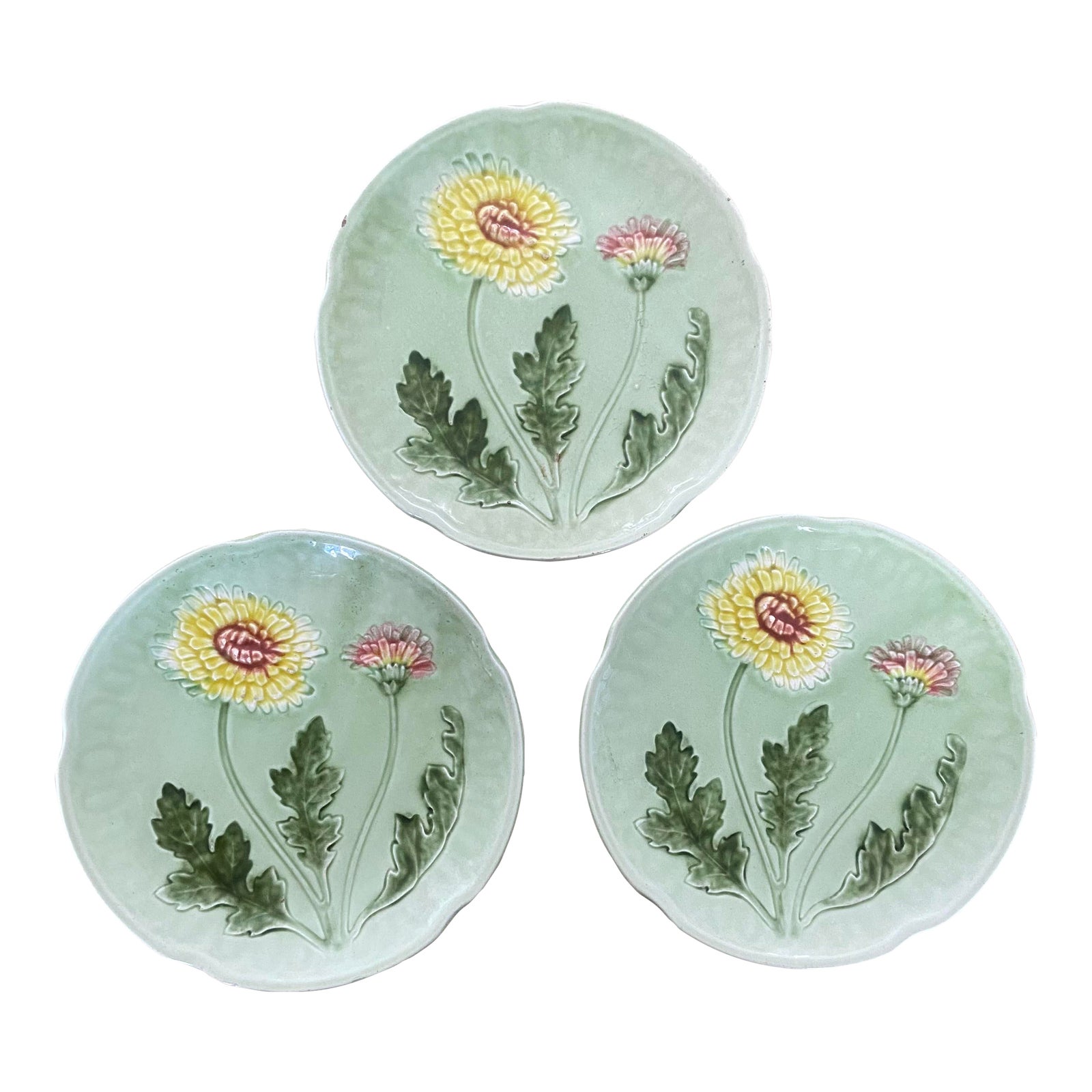 Set of Three Austrian Soft Green Majolica Dandelion Plates | Chairish