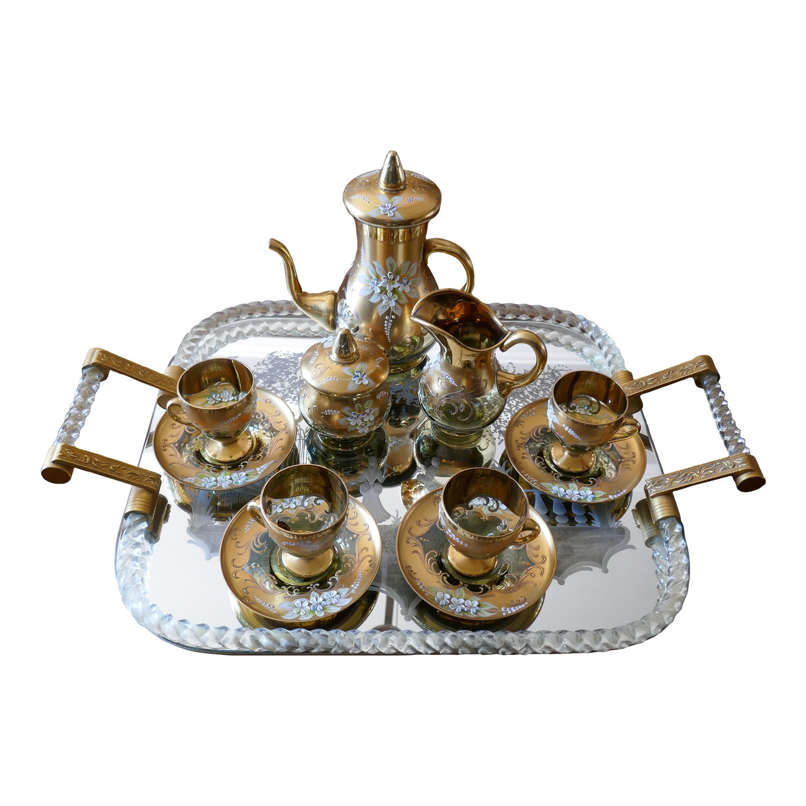 Late 20th Century Venetian Murano Style Green Glass Hand Painted 24k ...