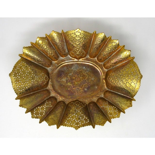 Vintage Hammered and Pierced Brass Footed Serving Platter and Matching ...
