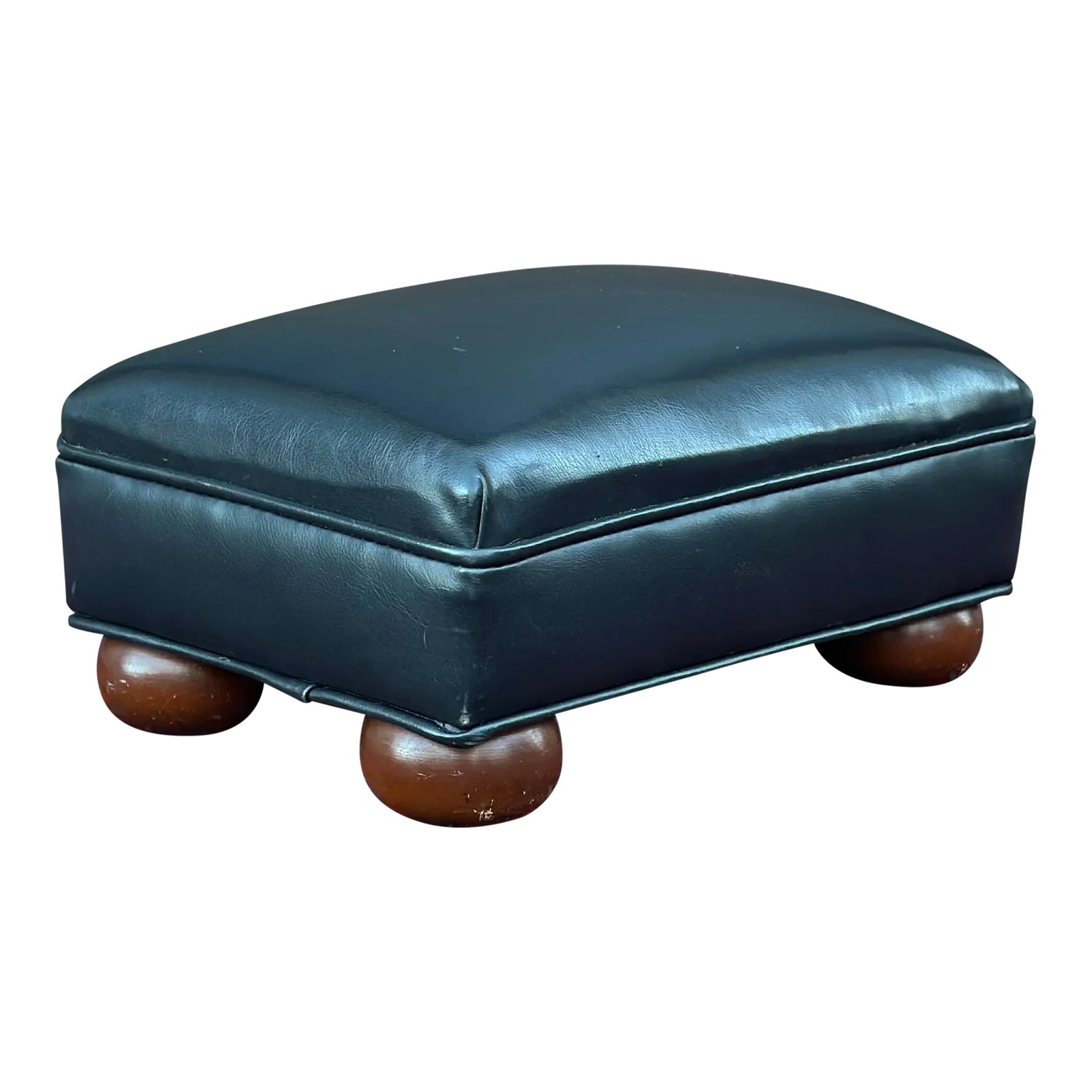 Vintage Petite Black Vinyl Footstool on Bun Feet | Chairish