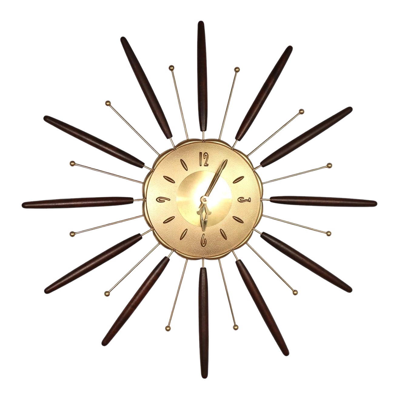 Vintage Robert Shaw Lux Starburst Wall Clock Walnut Wood Gold Mid ...