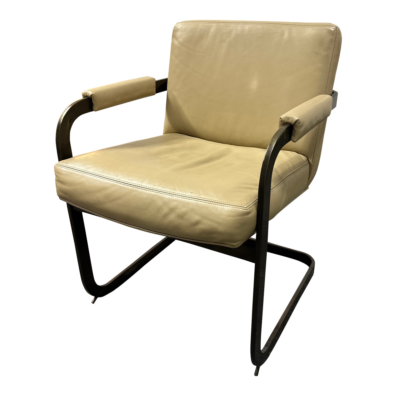 Thayer-Coogin Tan Leather Arm Chair With Brass Frame | Chairish