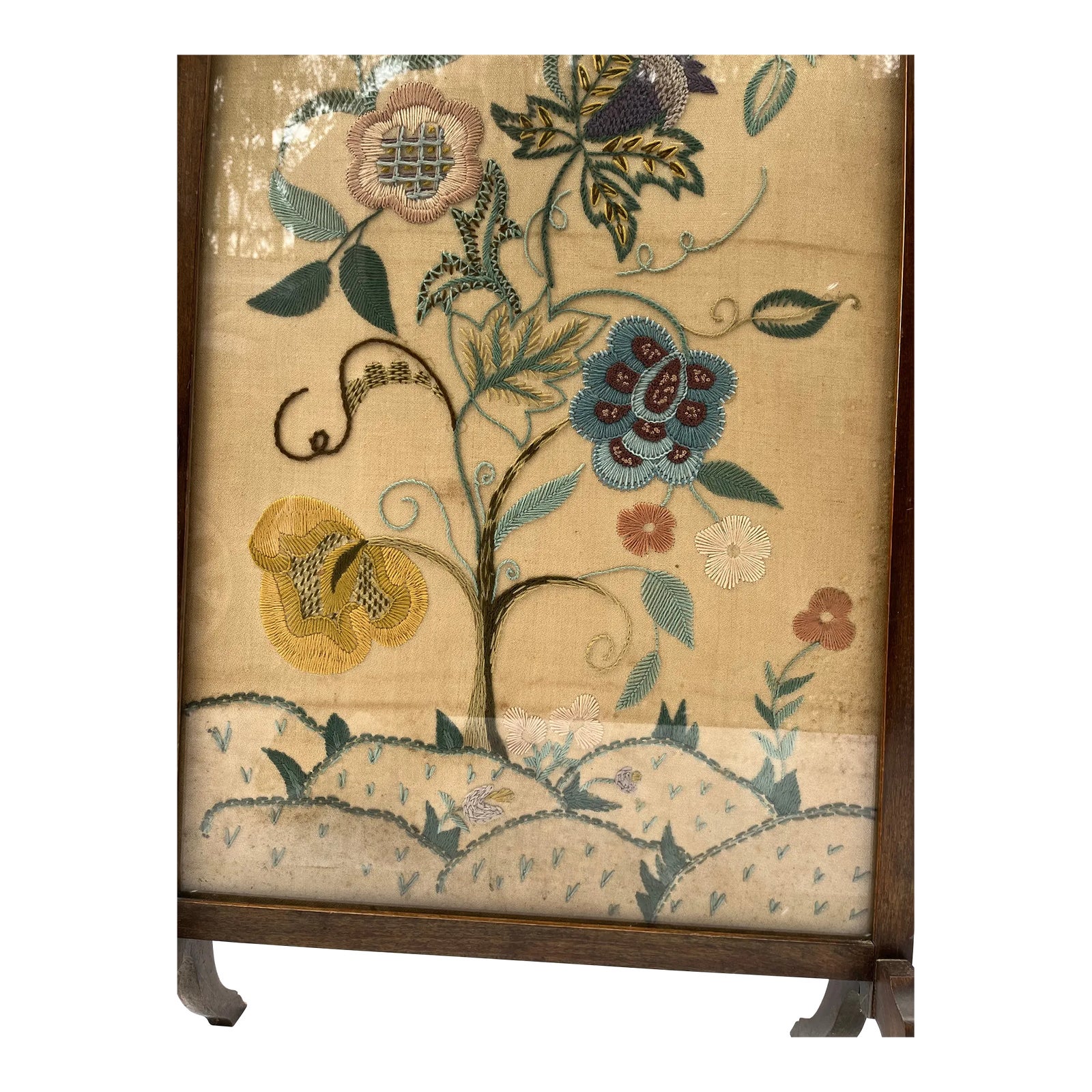 Antique Crewel Work Wood Framed Fire Screen | Chairish