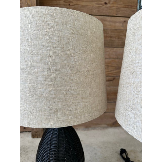 Coastal Boho Black Woven Wicker Table Lamps With Linen Taupe Shades ...