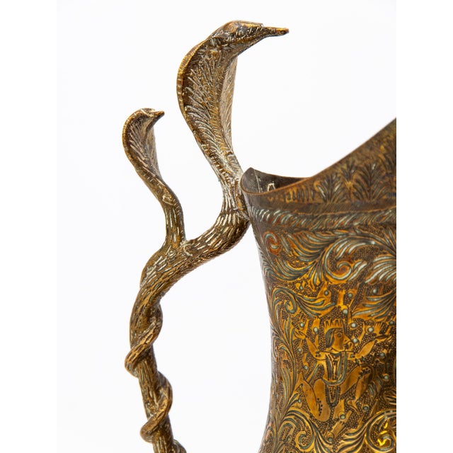 Vintage Brass Etched Pitcher With Snake Handle | Chairish