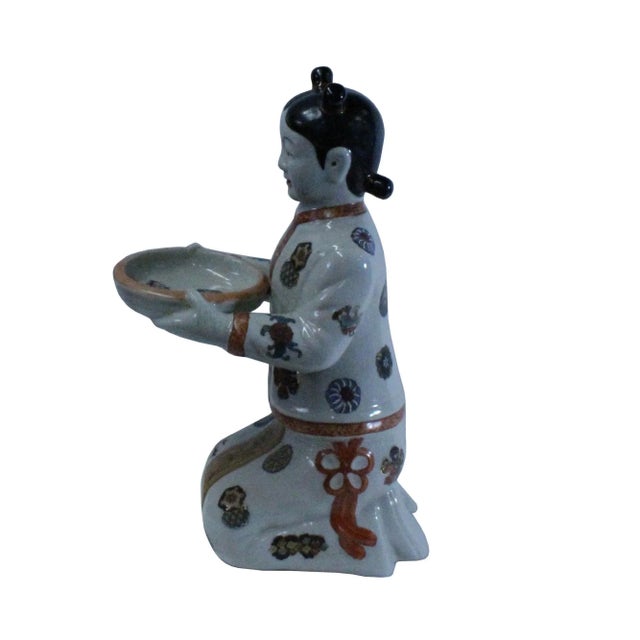 Oriental Vintage Ceramic Kneeling Lady Holding Dish Figure | Chairish