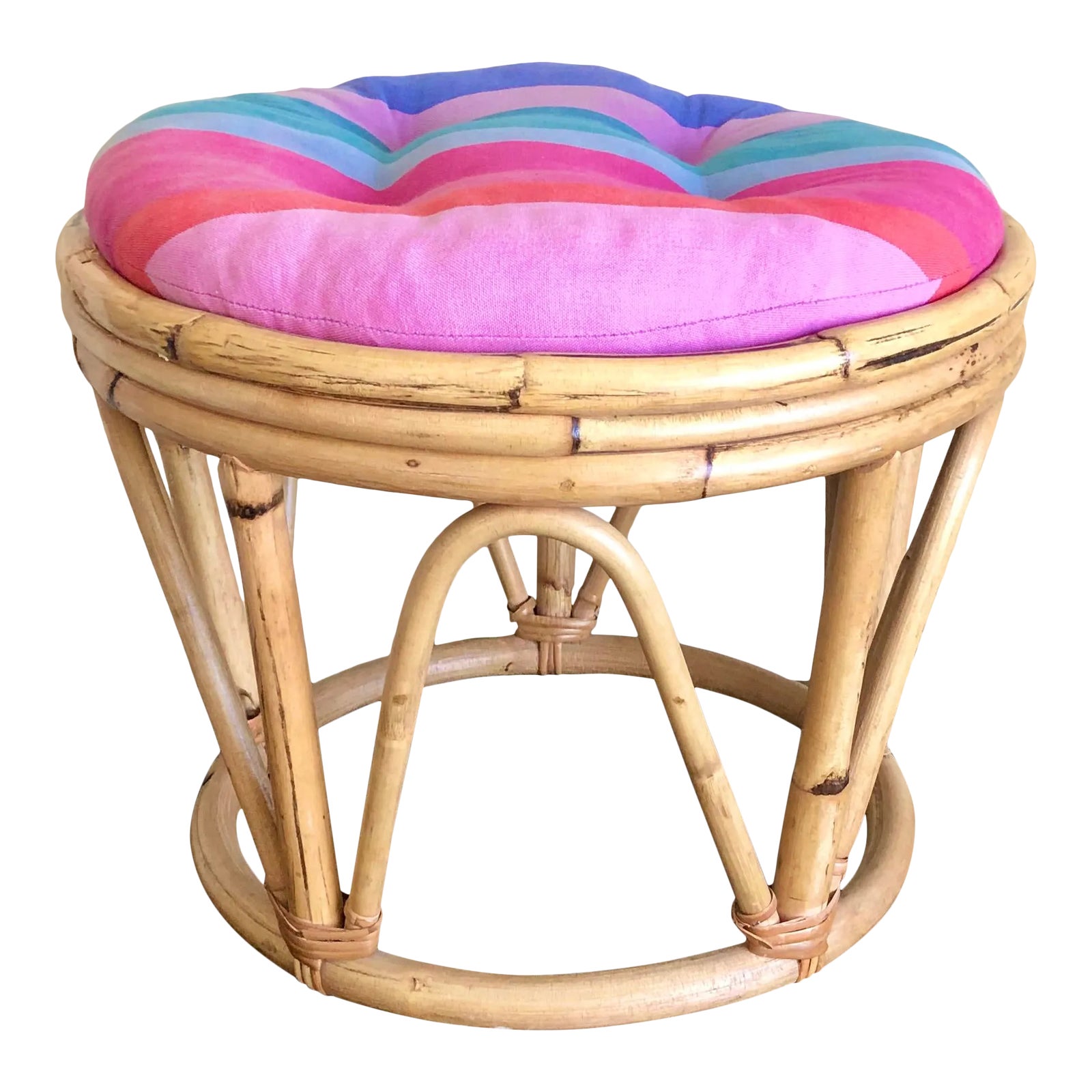 1990s Multicolor Striped Rattan Footstool | Chairish