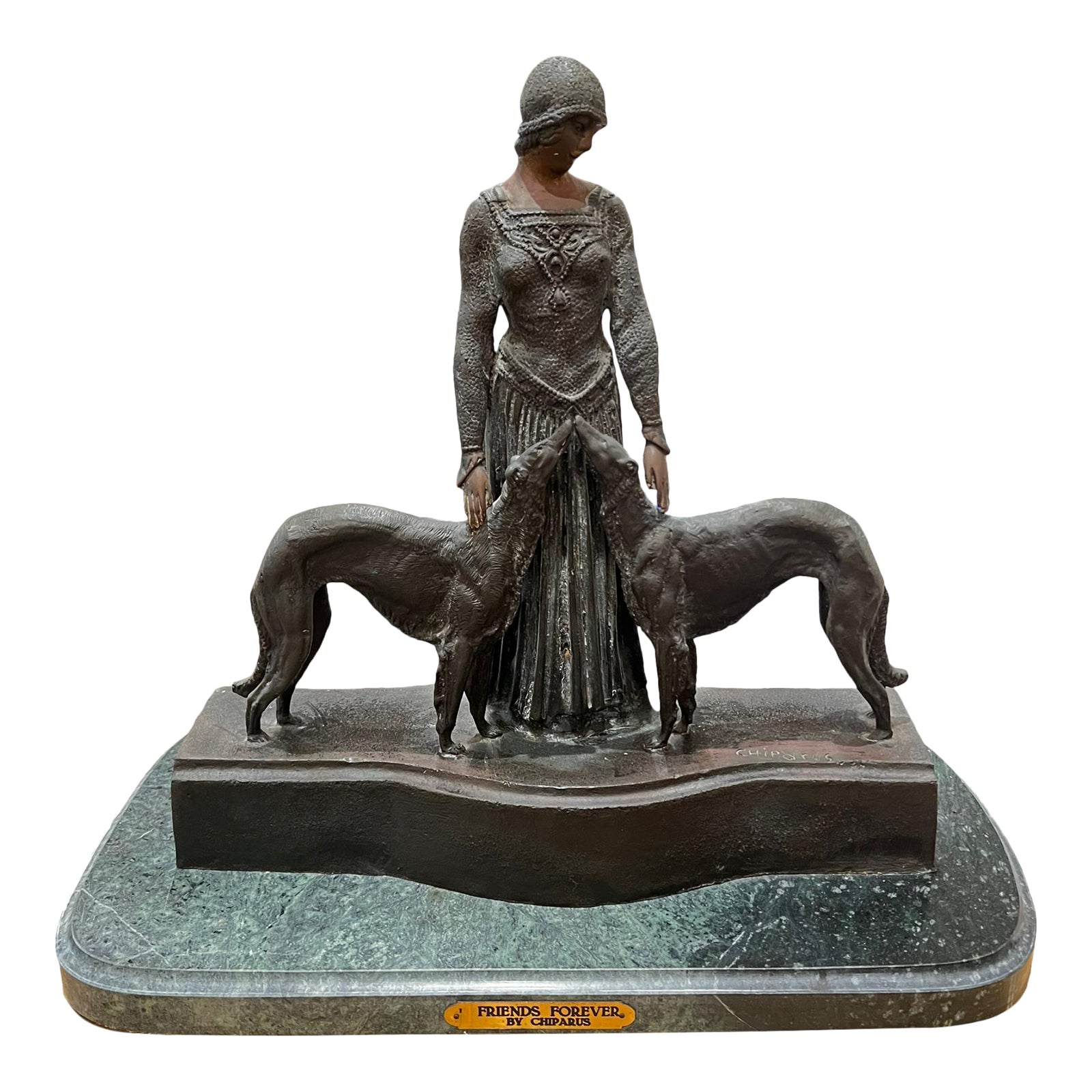 Demetre Chiparus "Friends Forever" Bronze Statue on Green Marble | Chairish