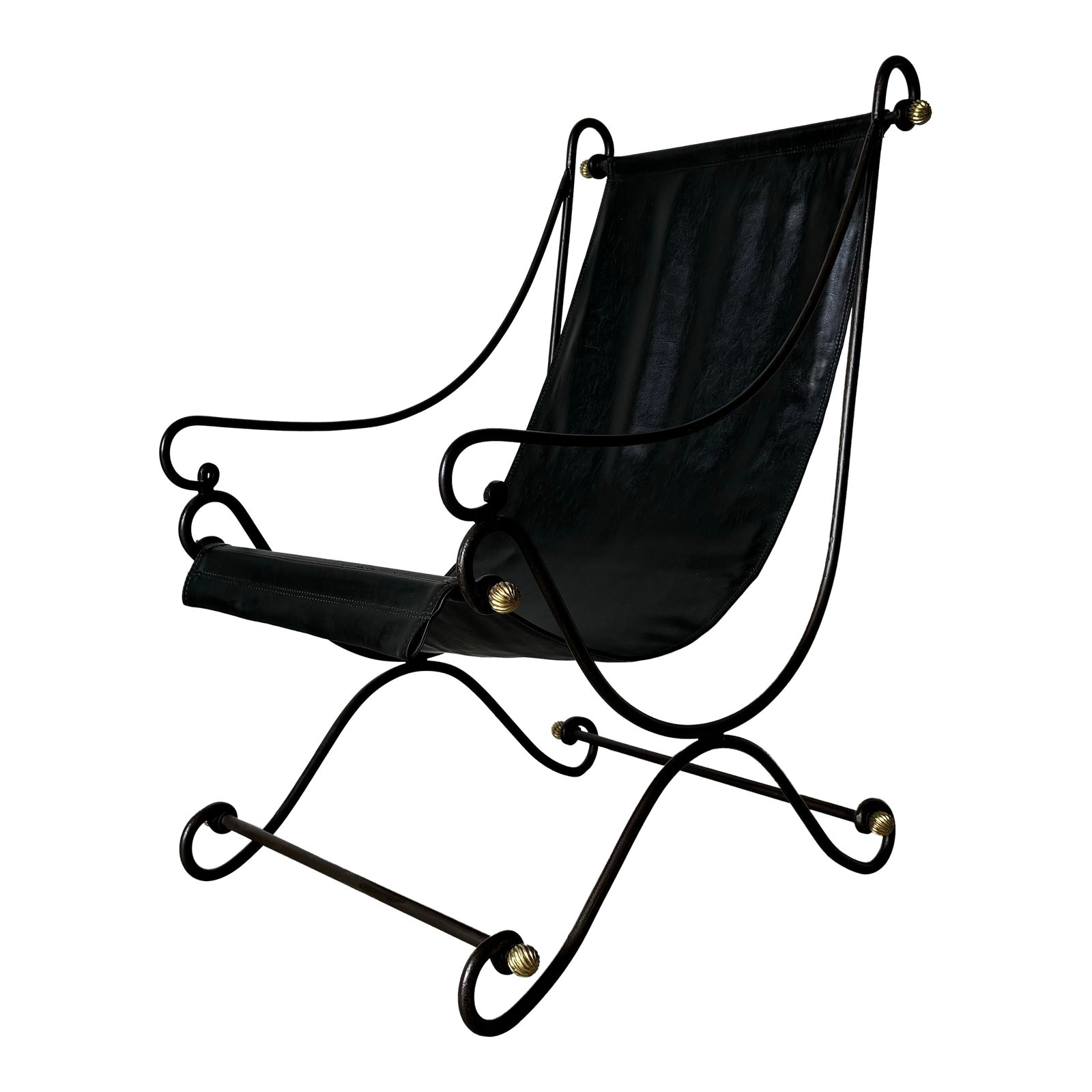 David Hicks - Style Scrolled Iron and Leather Sling Chair | Chairish