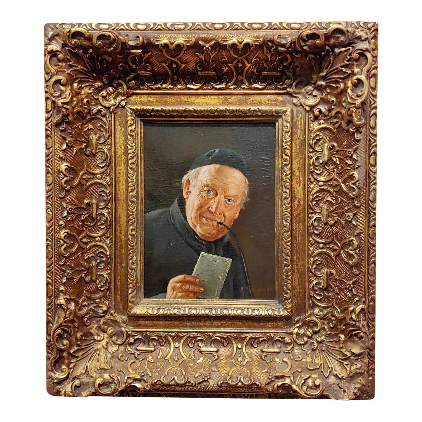 A. Sommer -Portrait of a Monk Smoking Hookah-Oil Painting | Chairish