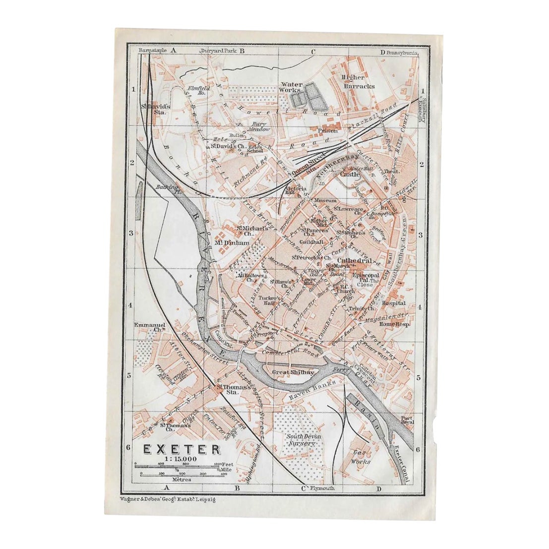 1910 Antique English Map of Exeter | Chairish