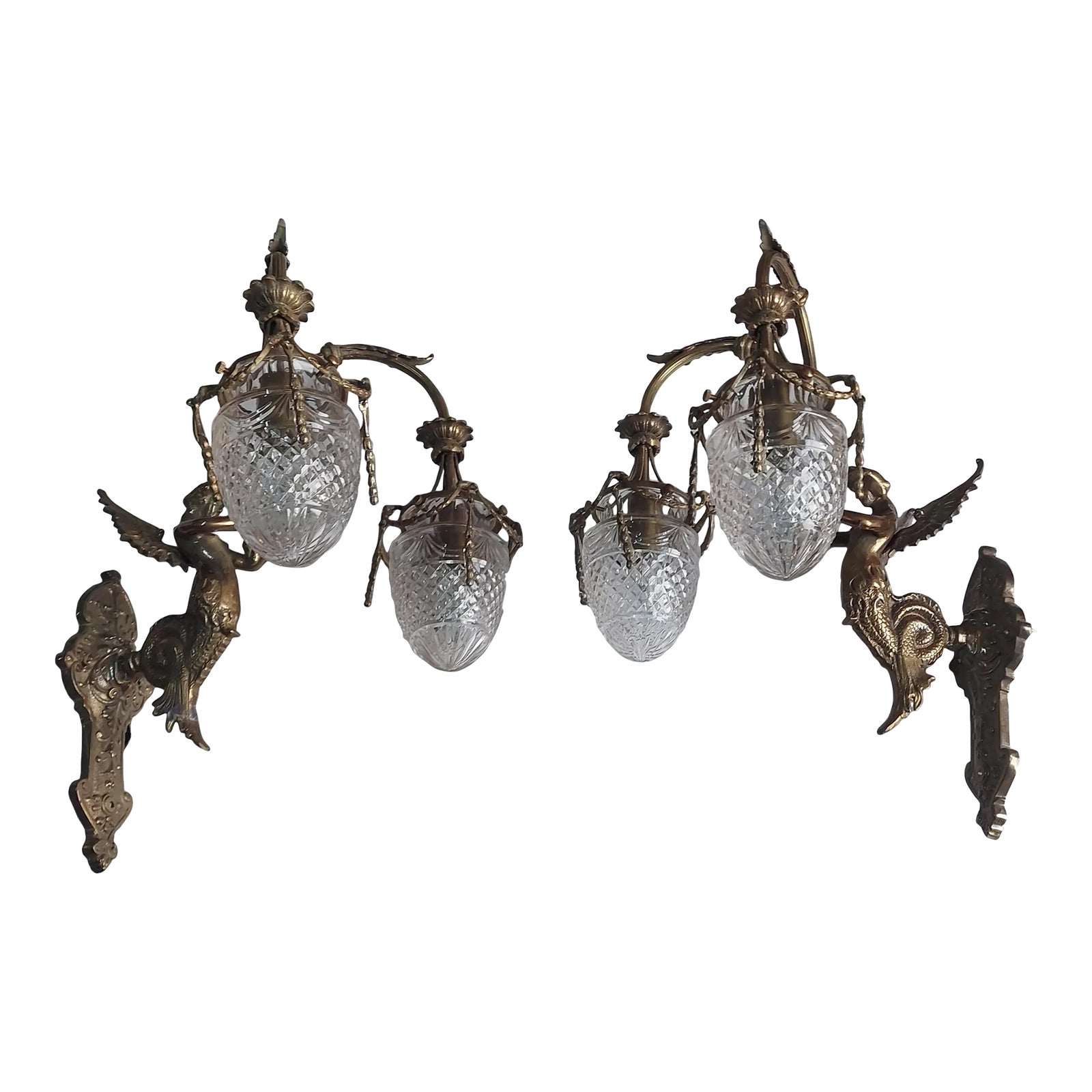 Vintage Art Nouveau Deco Mermaid Wall Sconces in Brass & Glass - a Pair ...