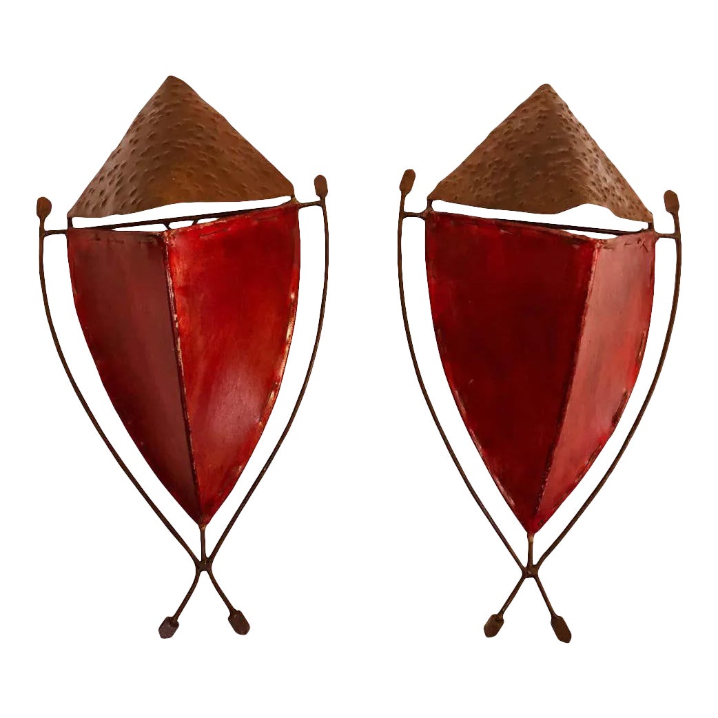African Tribal Art Mask Parchment Wall Shade Sconces in Red - A Pair ...