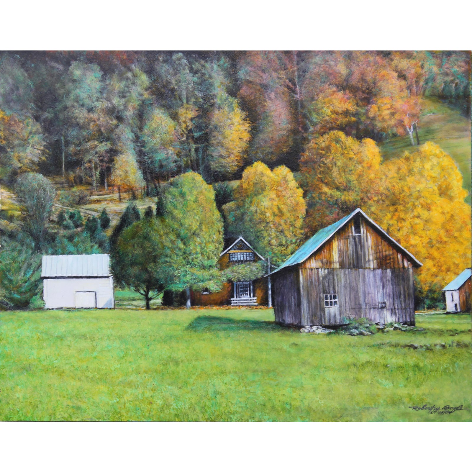 2000s Impressionist Autumn Naturalistic Landscape with a Cabin Oil on ...