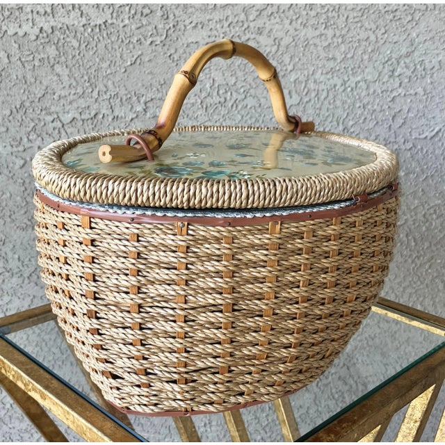 Circa 1967 Natural Bamboo Handle Oval Rattan Sewing Basket Made ...