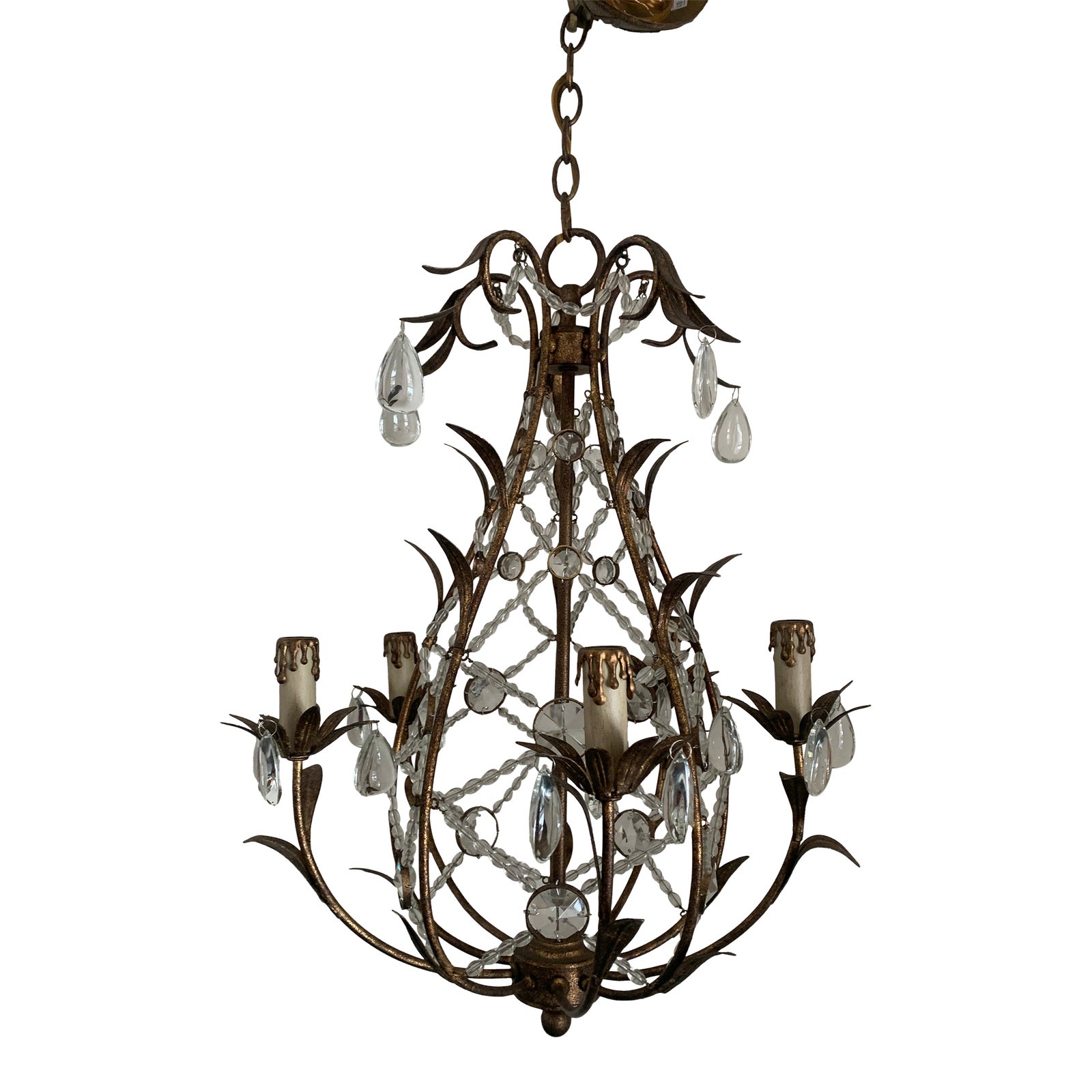 Vintage European Style Bronze Gilt Tole Leaf and Crystal Chandelier ...