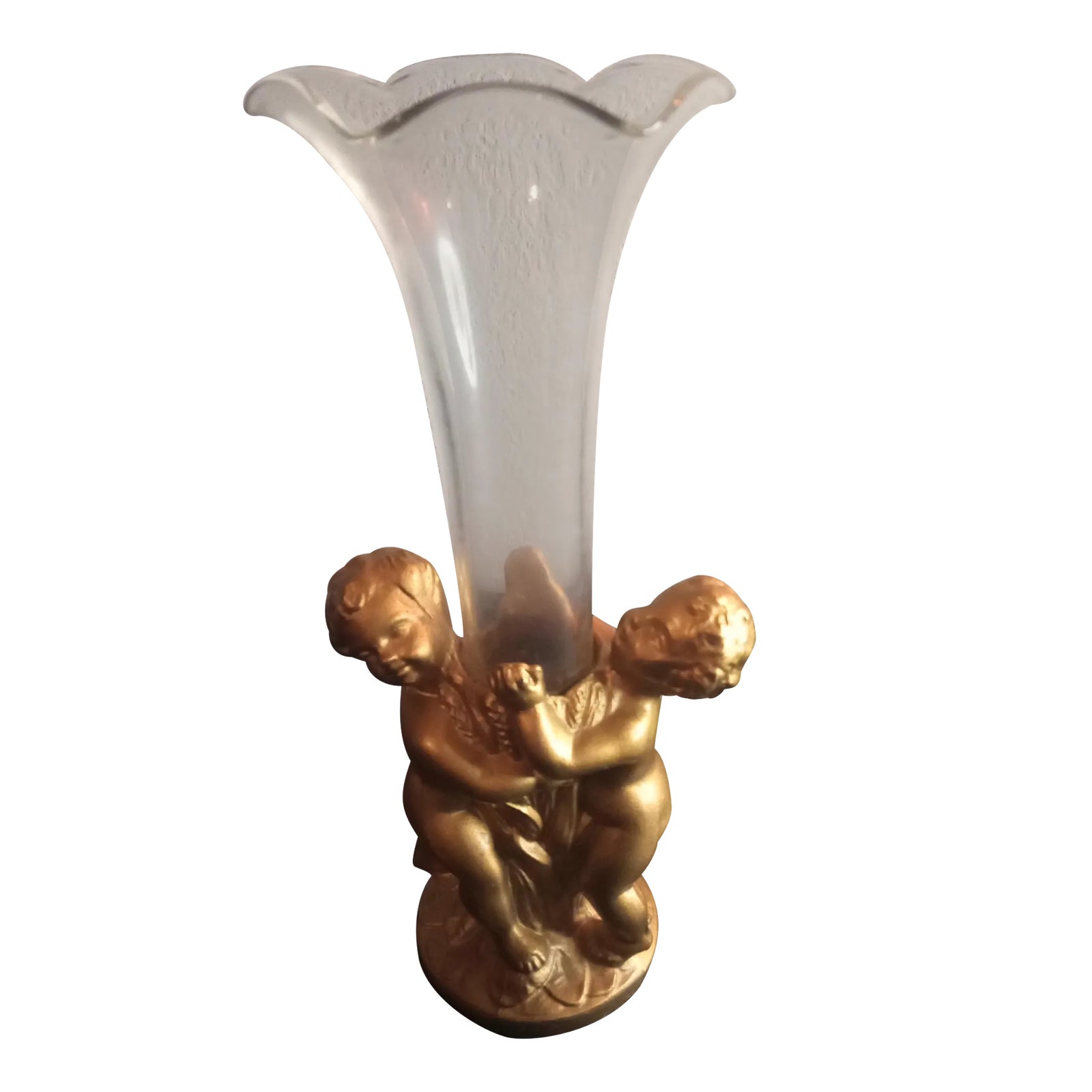 Bronzed Chalkware Cherubs Holding Clear Glass Ruffled Edge Vase | Chairish
